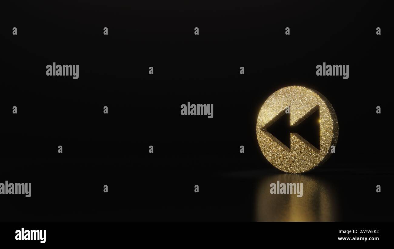 gold glitter symbol of rewind sign in circle 3D rendering on dark black ...