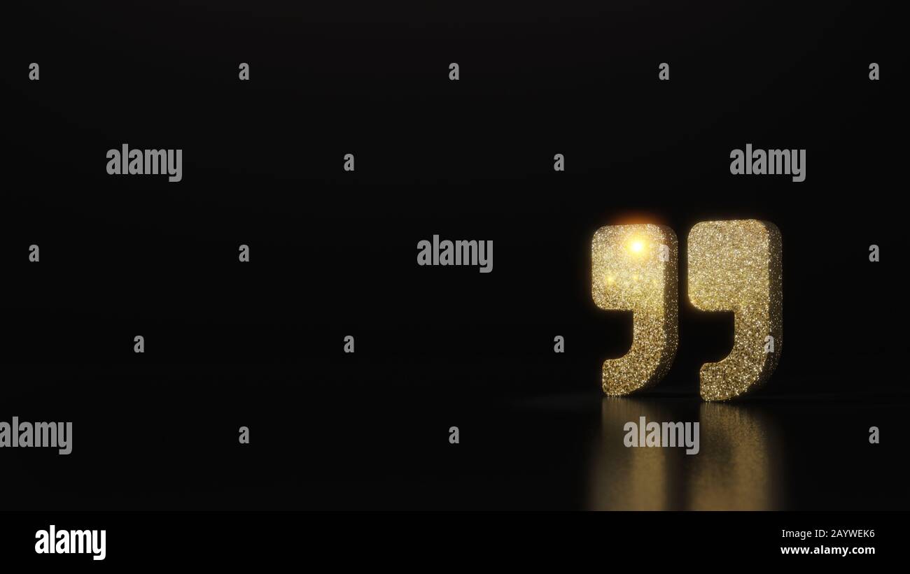 gold glitter symbol of quote right mark 3D rendering on dark black ...