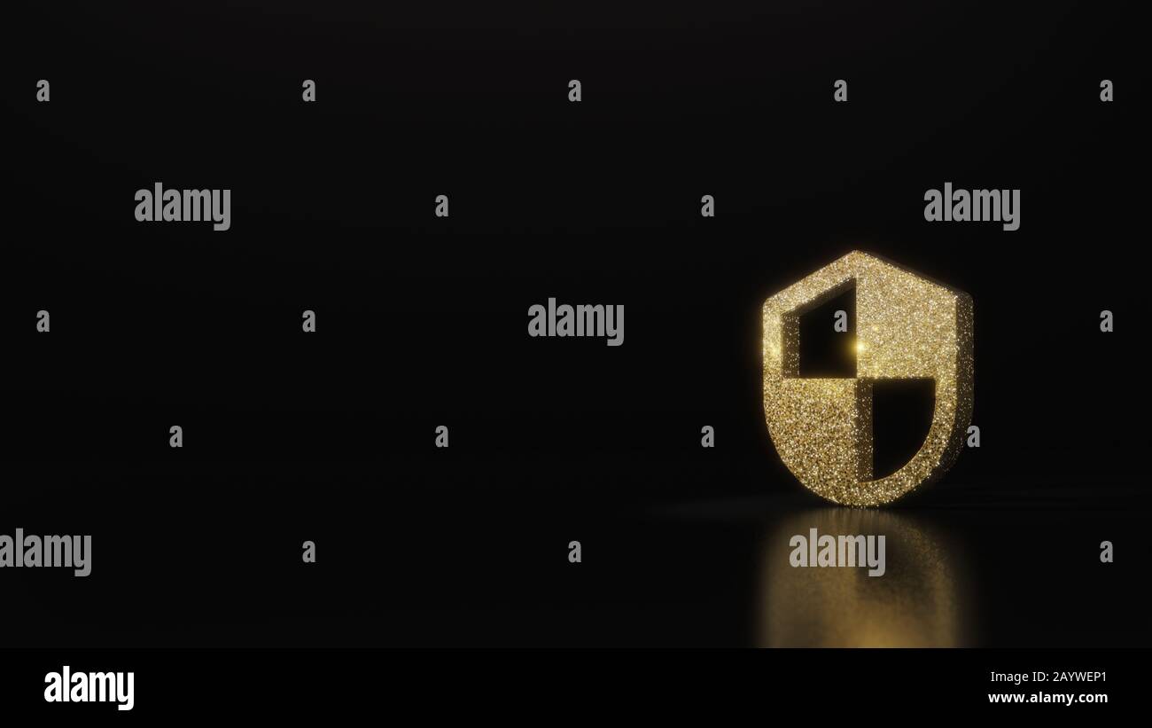 gold glitter symbol of four squared shield 3D rendering on dark black ...