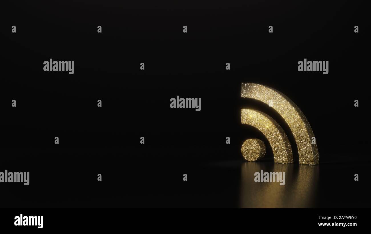 gold glitter symbol of rss icon 3D rendering on dark black background ...