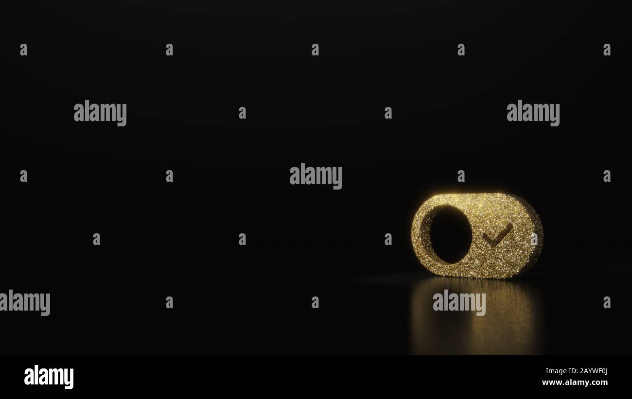 gold glitter symbol of switch button with check mark 3D rendering on ...
