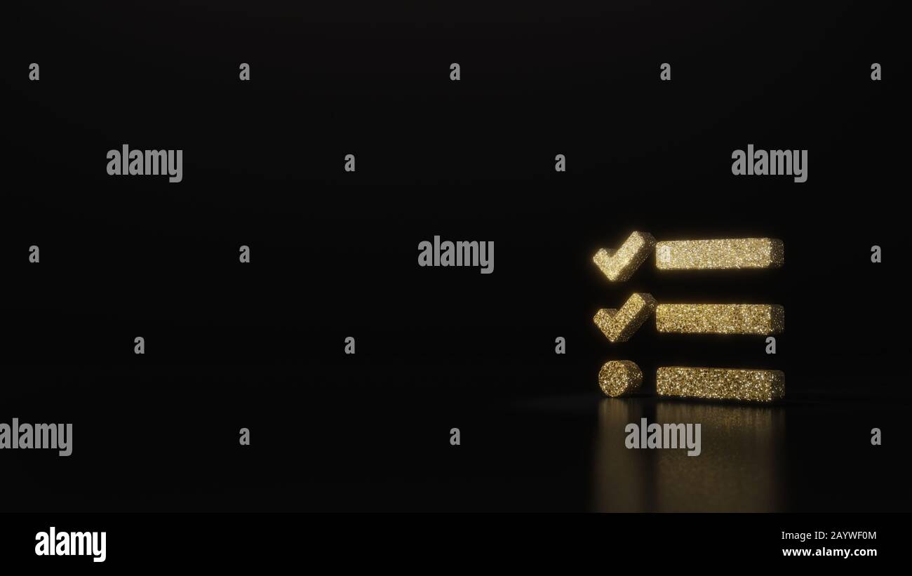 gold glitter symbol of three lines and check marks 3D rendering on dark ...