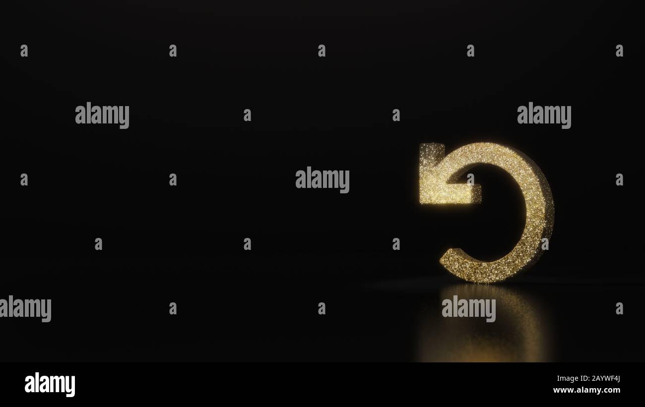 gold glitter symbol of undo arrow 3D rendering on dark black background ...