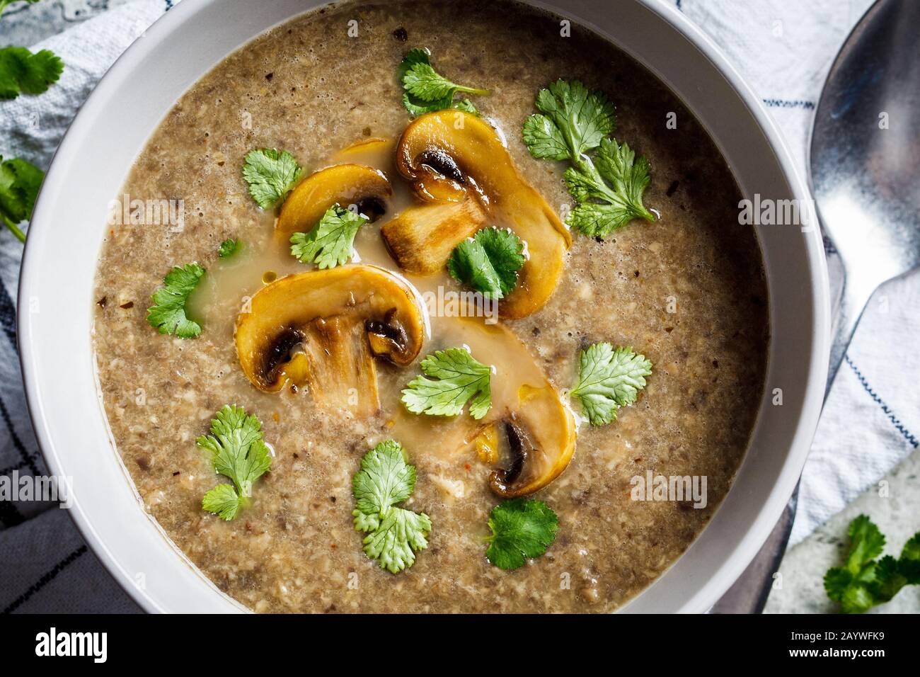 Mushroom soup puree with cilantro. Vegetarian food concept Stock Photo ...
