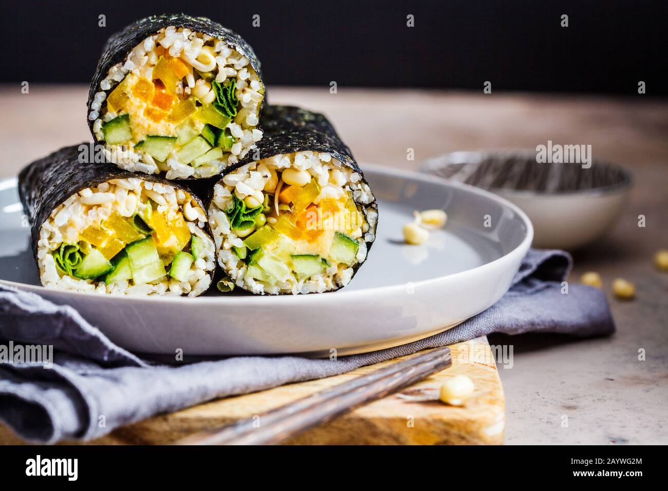 Vegan nori wraps with rice, vegetables and seedlings Stock Photo - Alamy