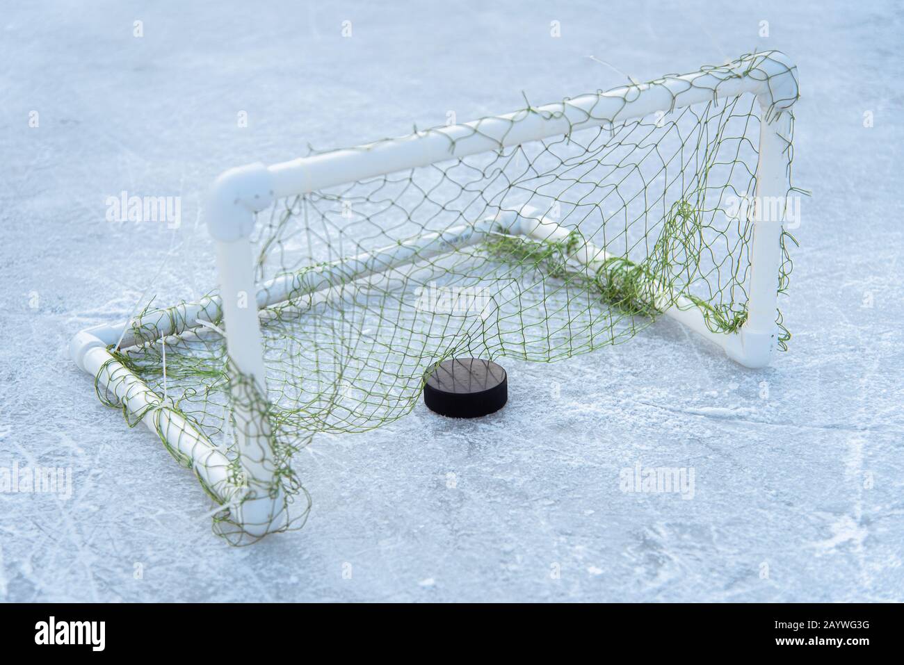 Hockey puck in goal at the stadium Stock Photo - Alamy