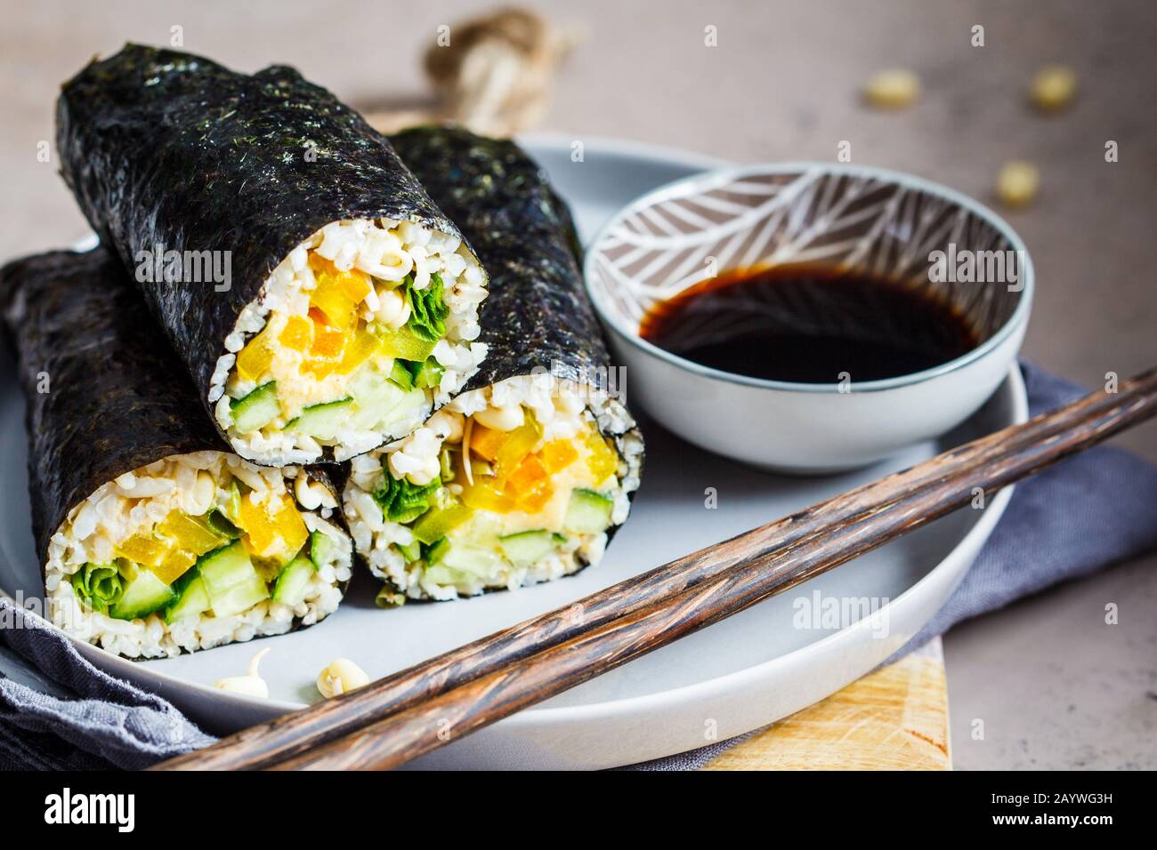 Vegan nori wraps with rice, vegetables and seedlings Stock Photo - Alamy