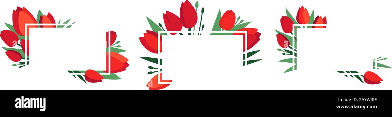 Vector set of positive floral frames with red tulip flowers and green ...