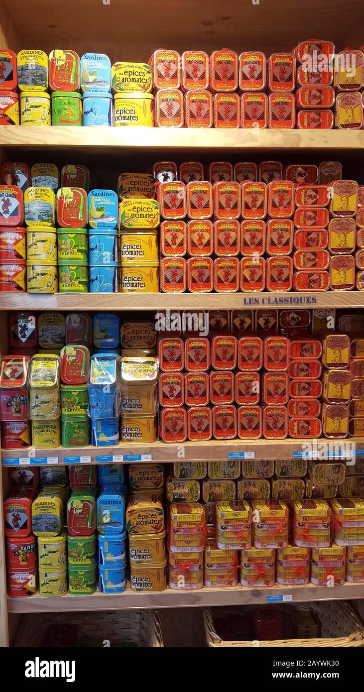 Sardines boxes in a shop, La Rochelle, Charente-Maritime, Nouvelle ...