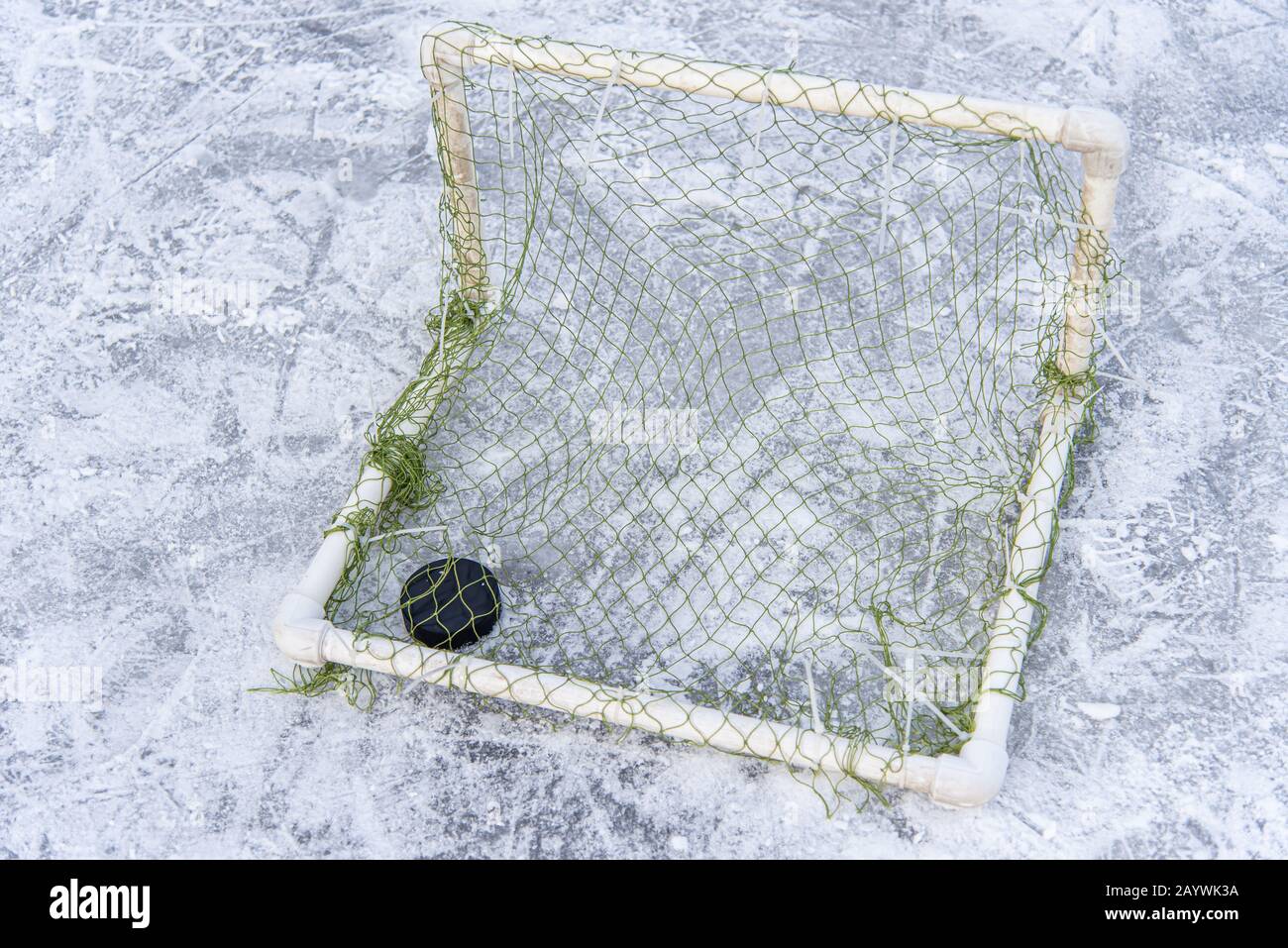 Hockey puck in goal at the stadium Stock Photo - Alamy