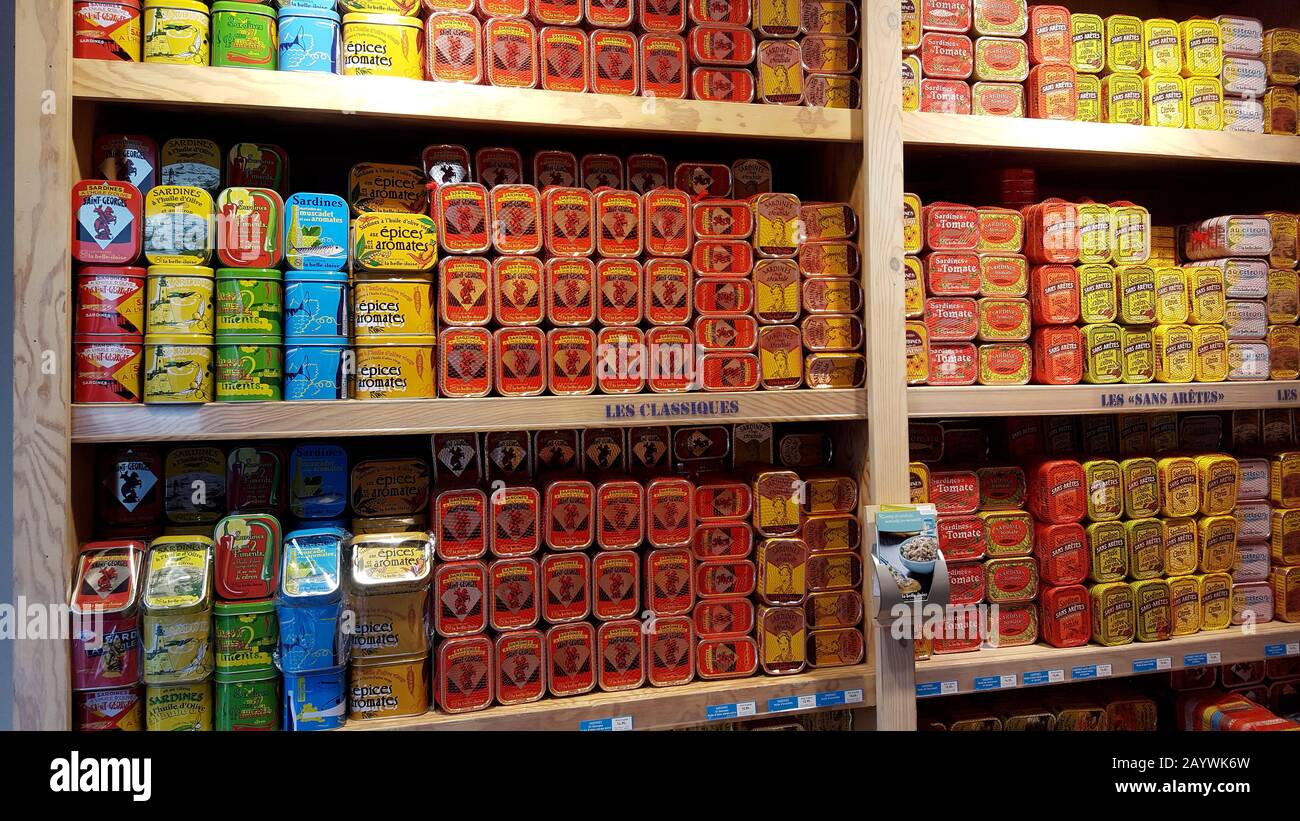 Sardines boxes in a shop, La Rochelle, Charente-Maritime, Nouvelle ...