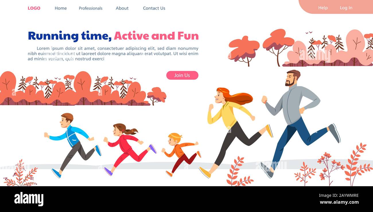 Web page with family running marathon or jogging. Active lifestyle ...