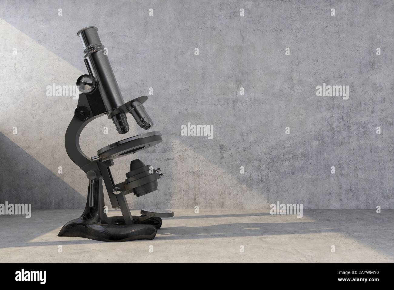 old retro microscope illuminated by ray of light. 3d rendering Stock ...