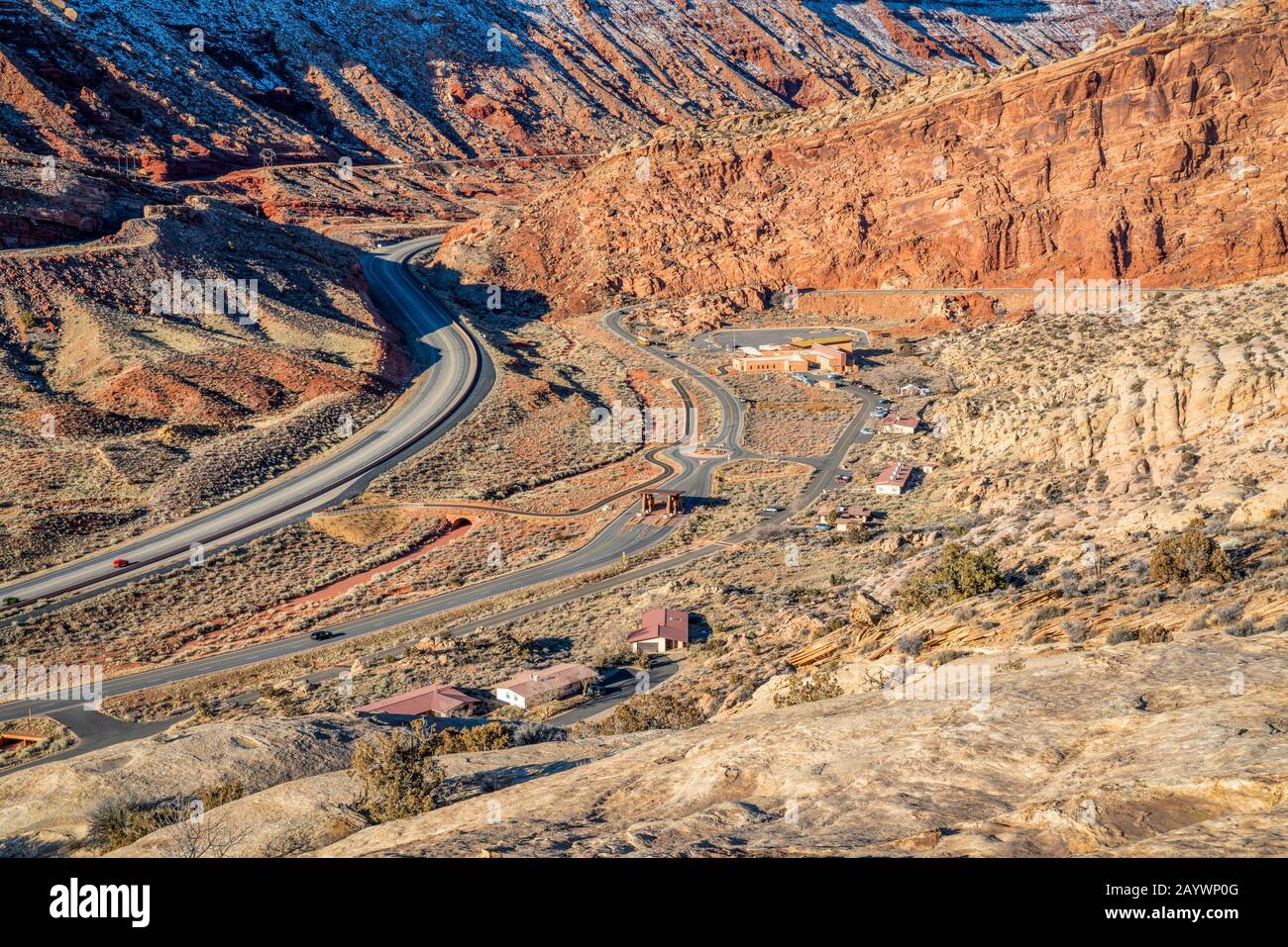aerial view of Moab Fault with highway, bike trail, railroad, visitor ...