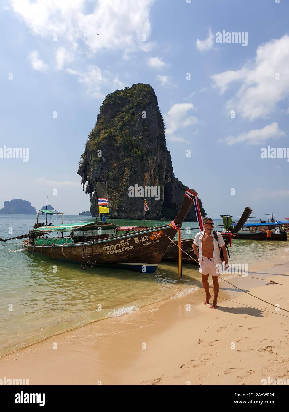 Krabi Thailand January 2020, tourist at the beach, Railay beach with a ...