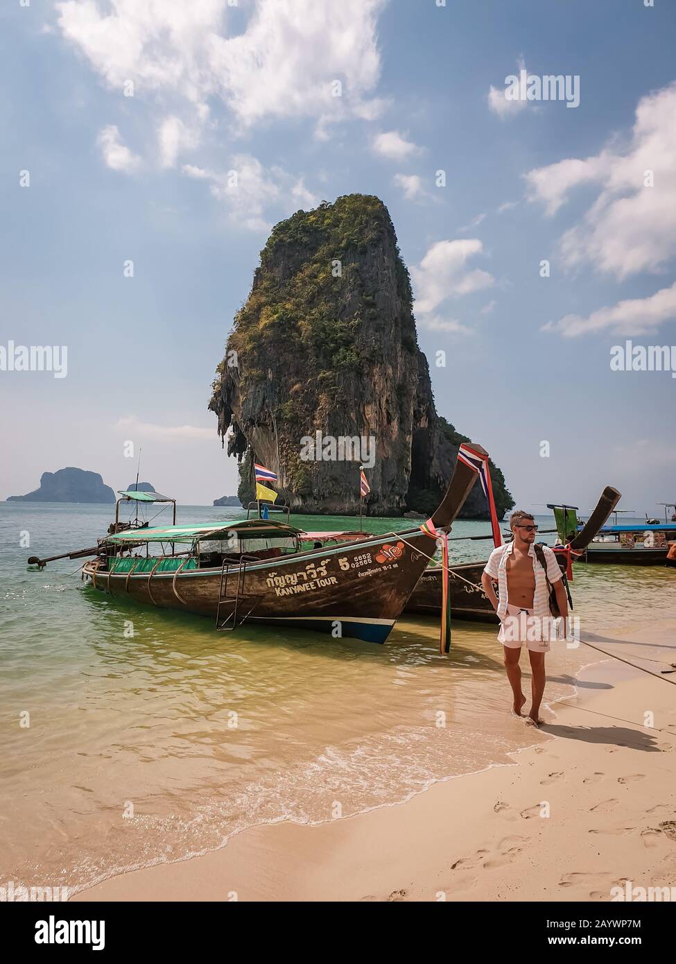 Krabi Thailand January 2020, tourist at the beach, Railay beach with a ...