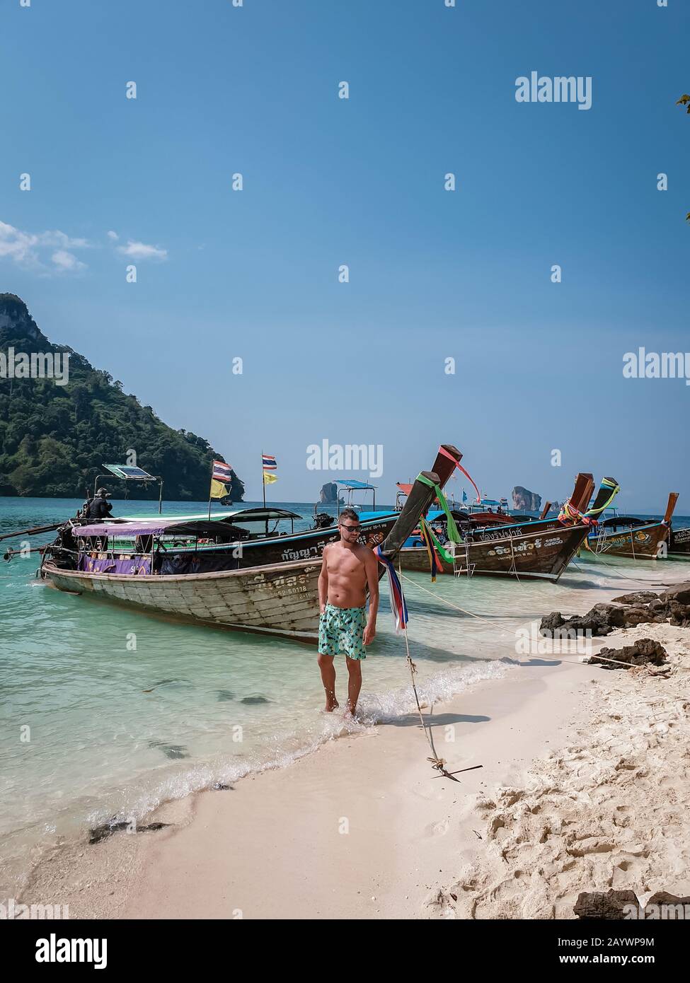 Krabi Thailand January 2020, tourist at the beach, Railay beach with a ...