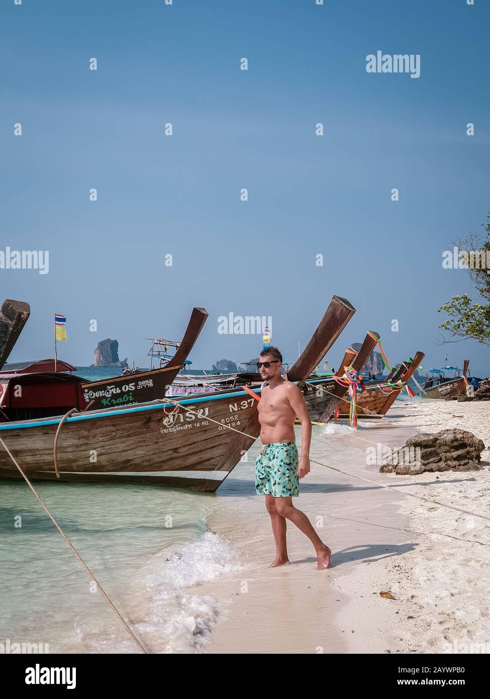 Krabi Thailand January 2020, tourist at the beach, Railay beach with a ...