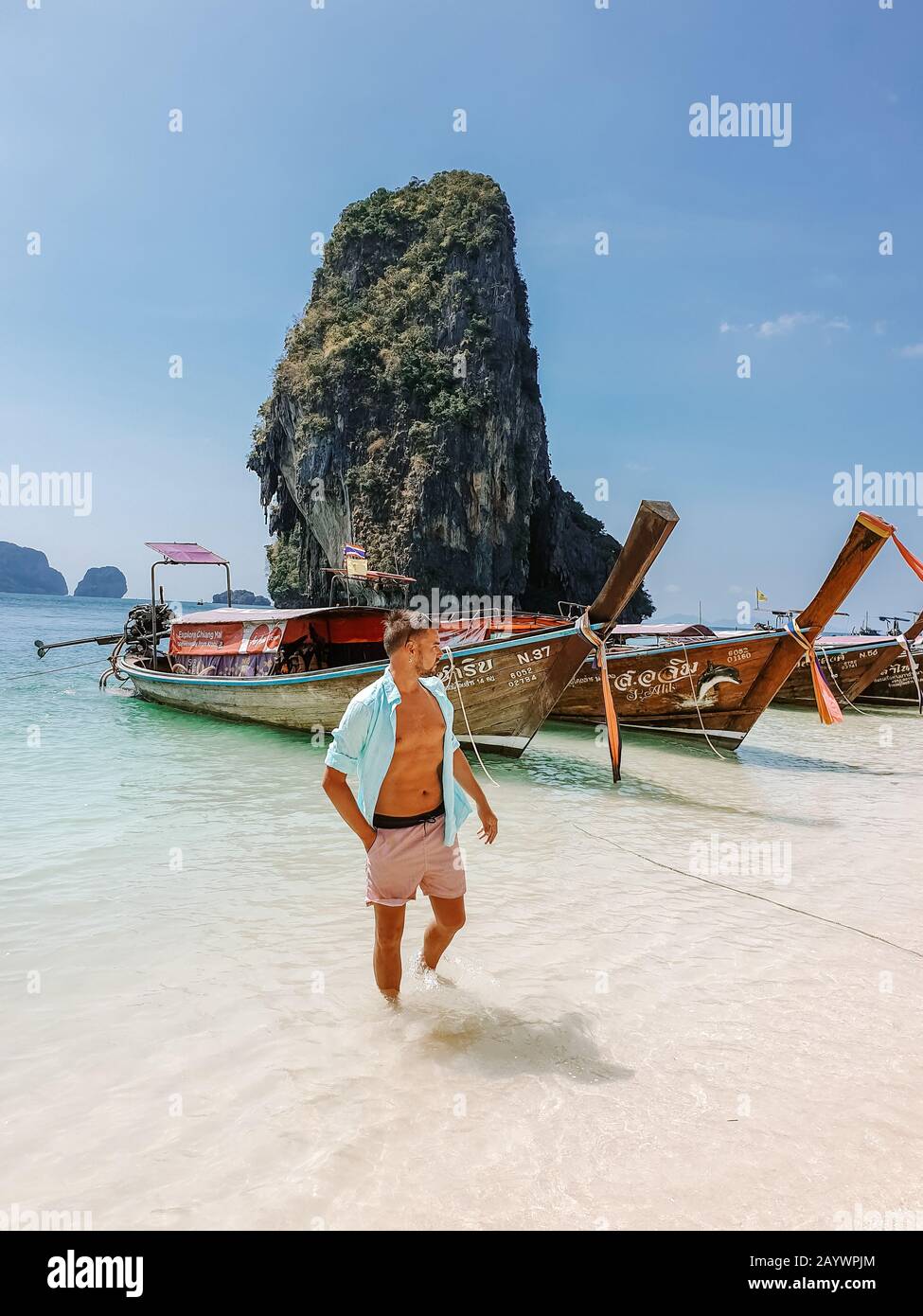 Krabi Thailand January 2020, tourist at the beach, Railay beach with a ...