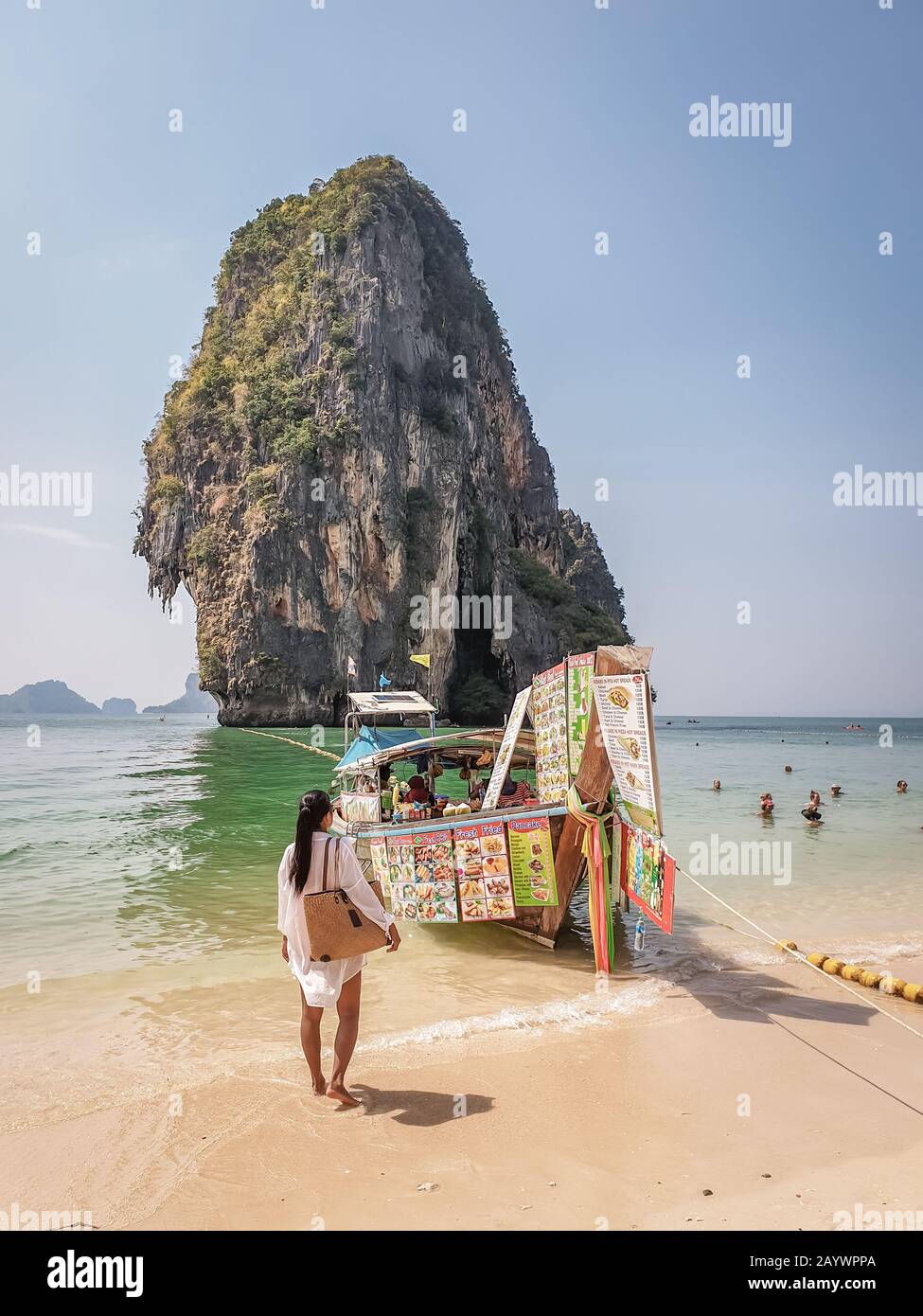Krabi Thailand January 2020, tourist at the beach, Railay beach with a ...
