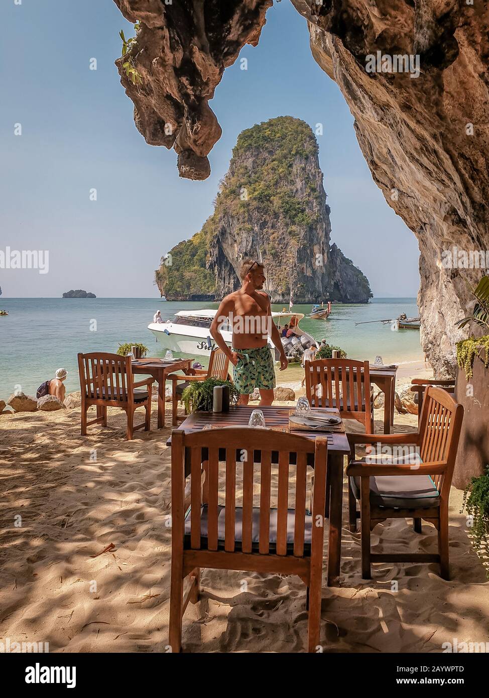 Krabi Thailand January 2020, tourist at the beach, Railay beach with a ...