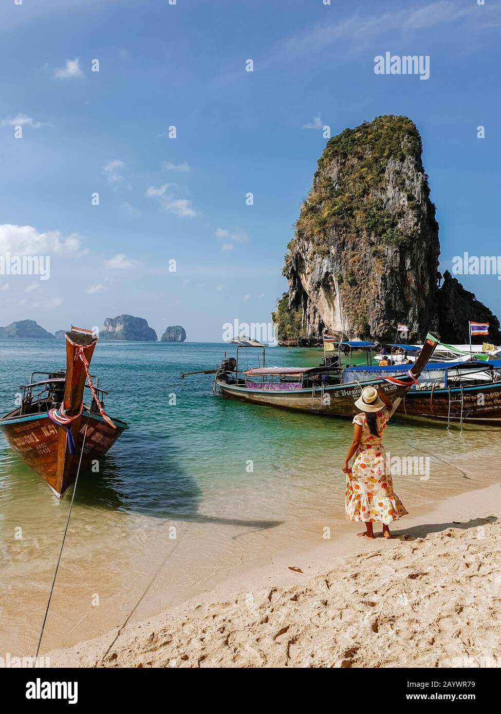 Krabi Thailand January 2020, tourist at the beach, Railay beach with a ...