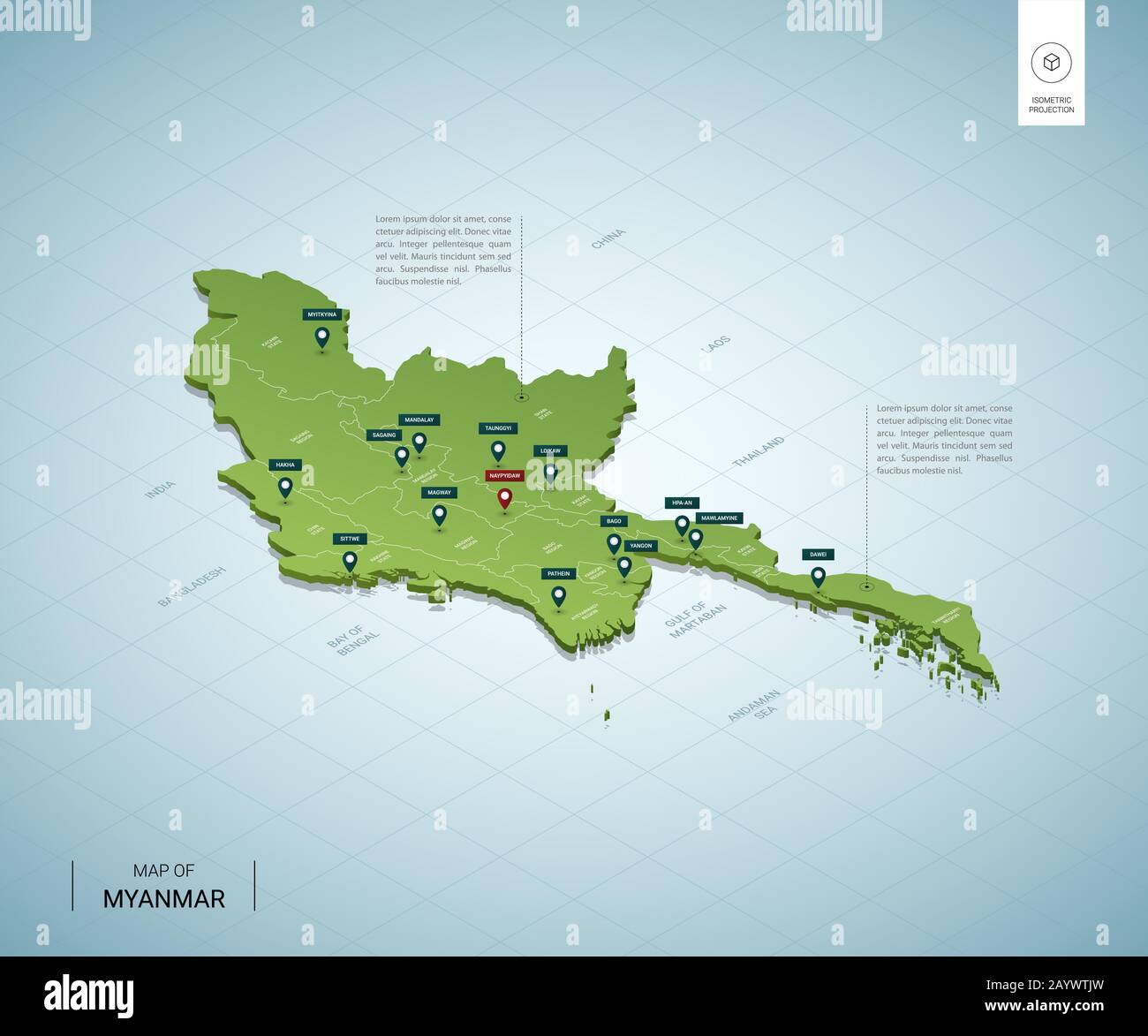 Stylized map of Myanmar. Isometric 3D green map with cities, borders ...