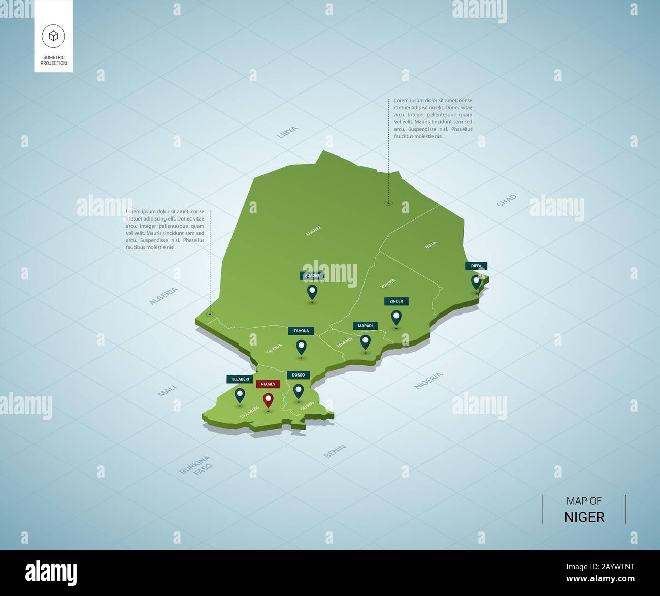 Stylized map of Niger. Isometric 3D green map with cities, borders ...