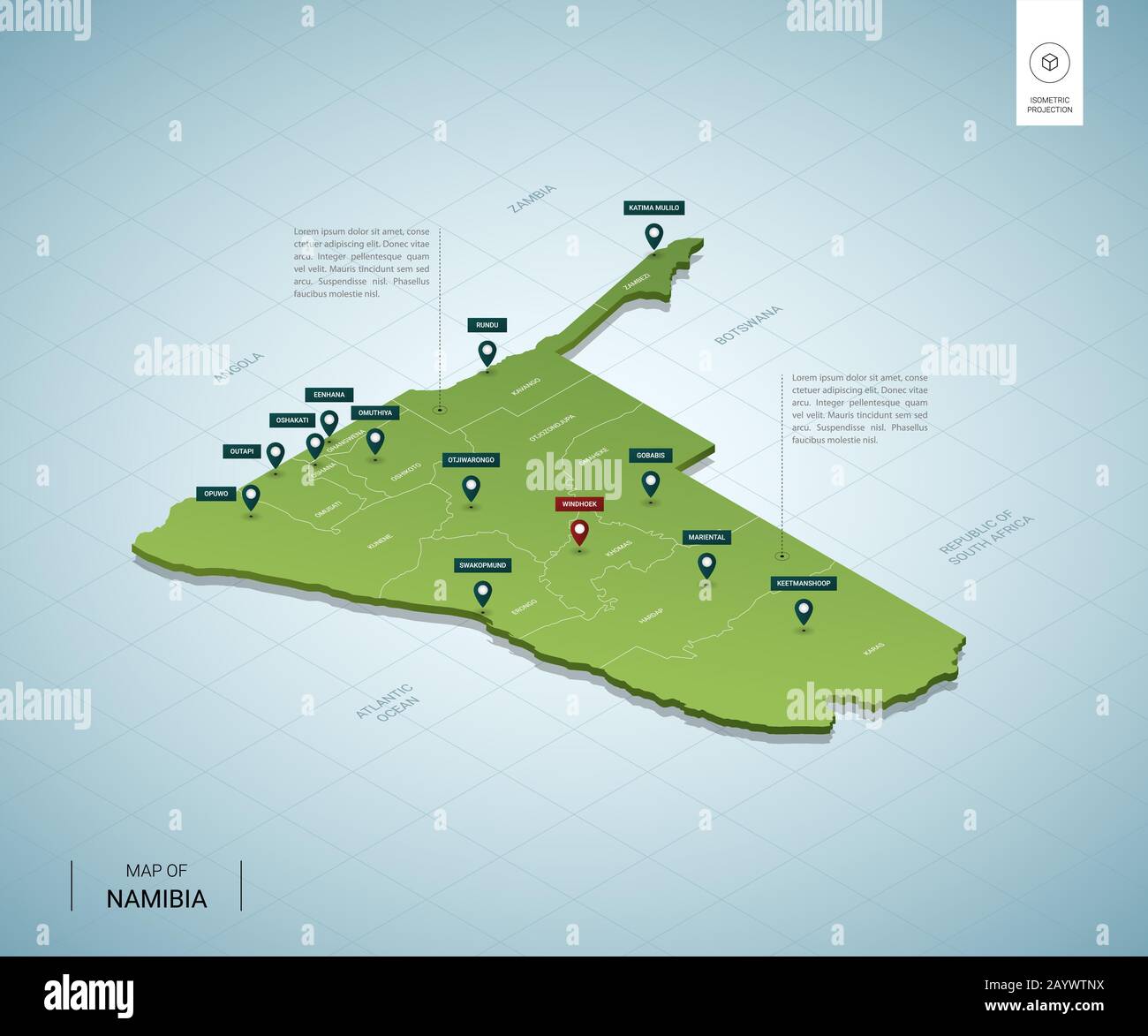 Stylized map of Namibia. Isometric 3D green map with cities, borders ...