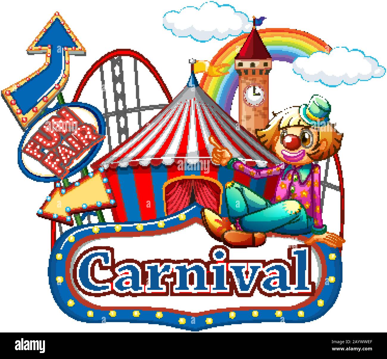 Carnival sign template with happy clown and rides in background ...