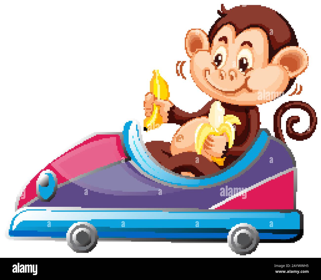 Monkey riding on toy car eating banana illustration Stock Vector Image ...
