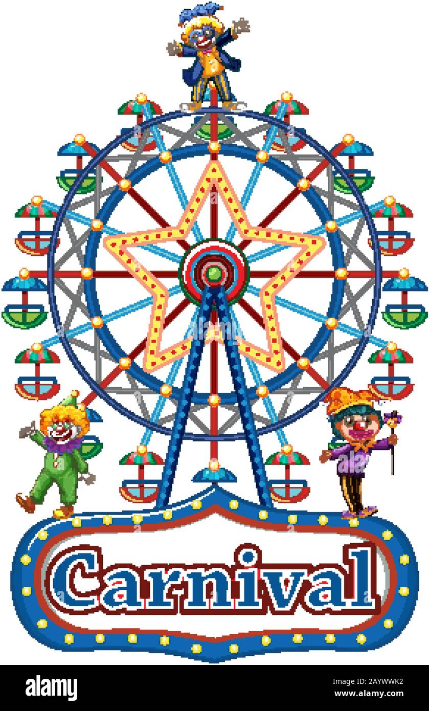 Carnival sign template with happy clowns and ferris wheel illustration ...