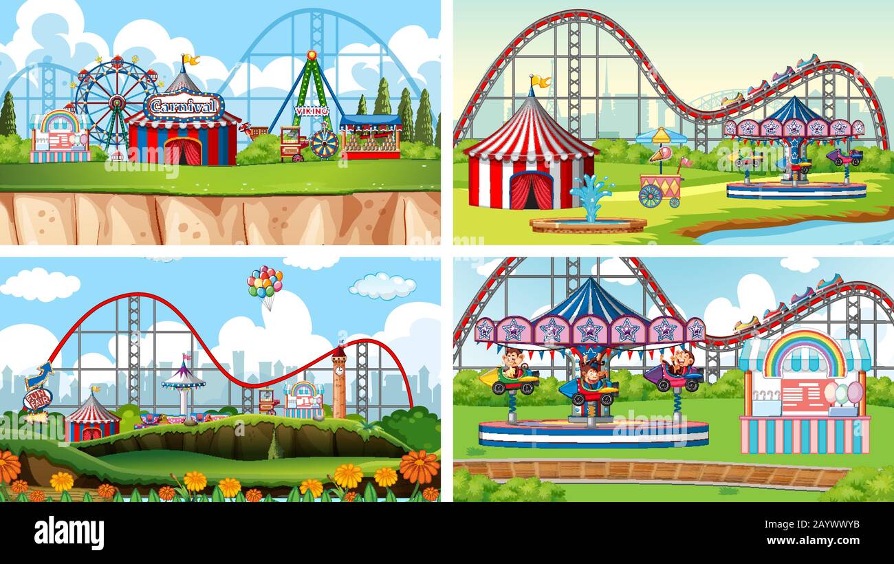Four scenes with many rides in the fun fair illustration Stock Vector ...