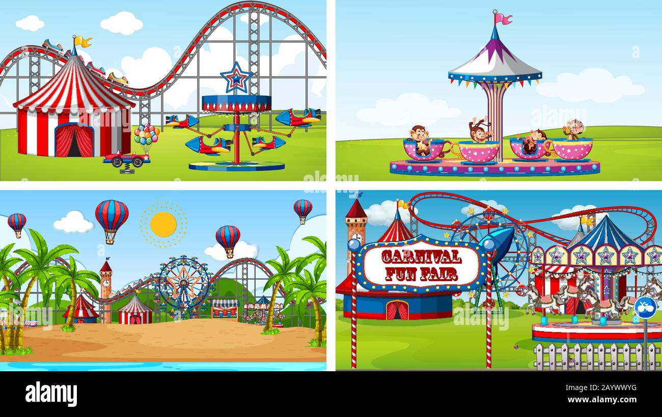 Four scenes with many rides in the fun fair illustration Stock Vector ...