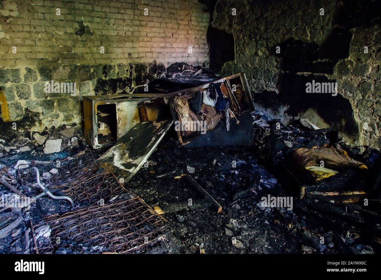Burnt interiors of house after fire. Burned wooden furniture Stock ...
