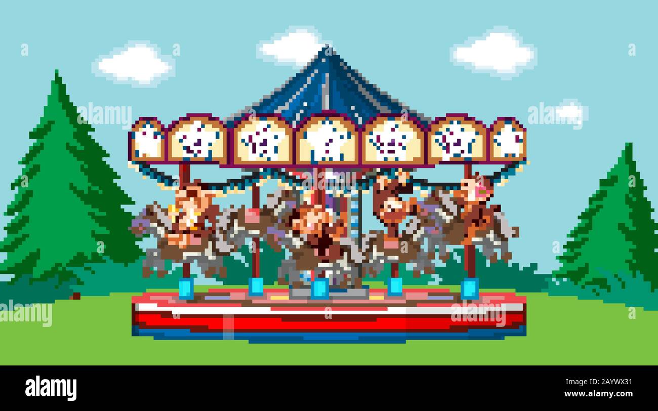 Scene with cute monkeys riding on carousel in the park illustration ...