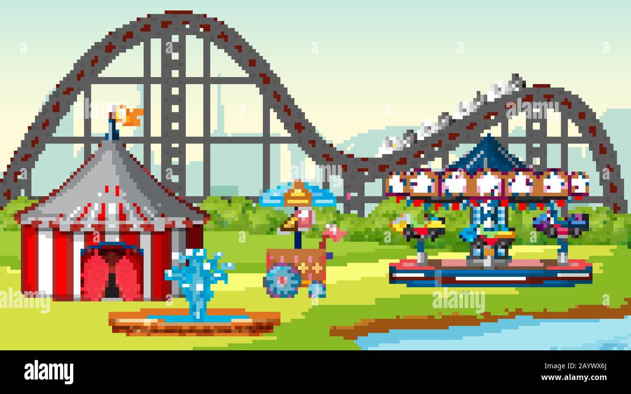 Scene with roller coaster and carousel in the fun fair illustration ...