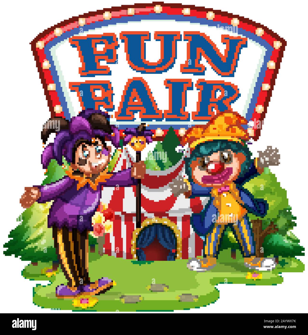 Fun fair with big sign and two happy clowns illustration Stock Vector ...