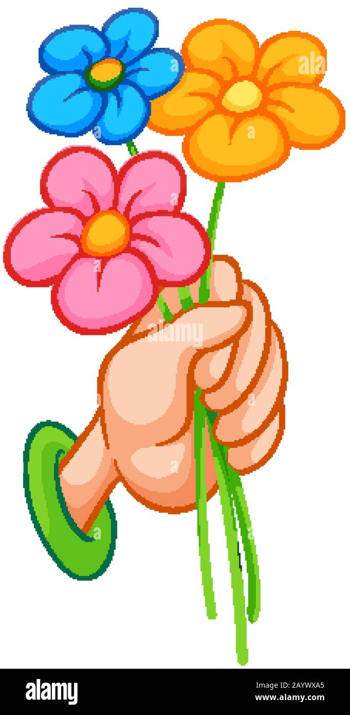 Hand holding colorful flowers on white background illustration Stock ...