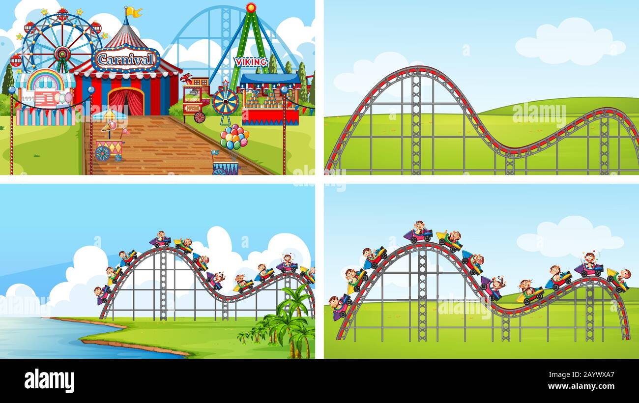 Four scenes with many rides in the fun fair illustration Stock Vector ...
