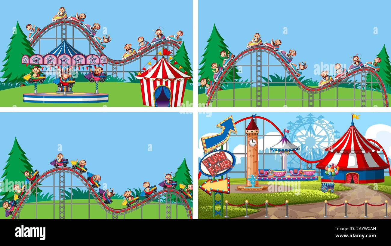 Four scenes with many rides in the fun fair illustration Stock Vector ...