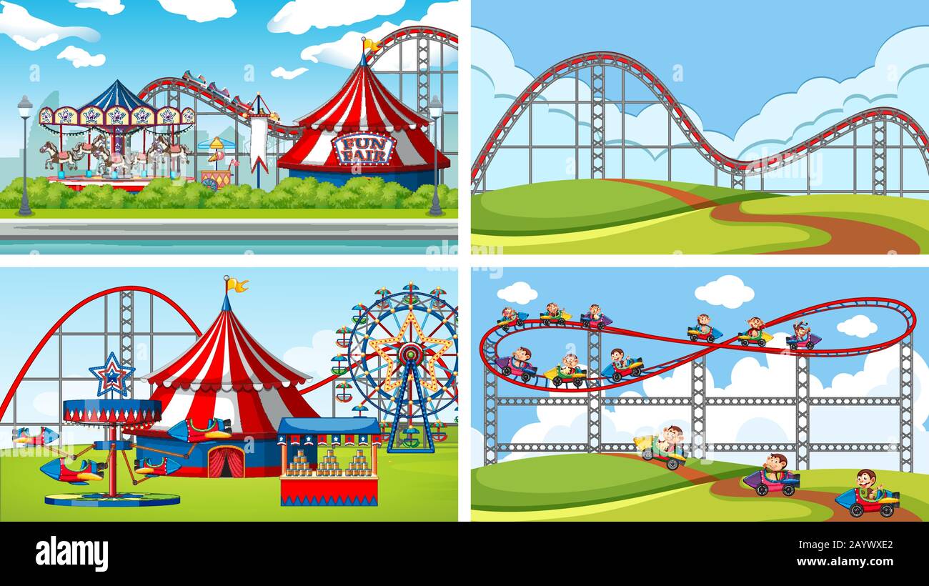 Four scenes with many rides in the fun fair illustration Stock Vector ...
