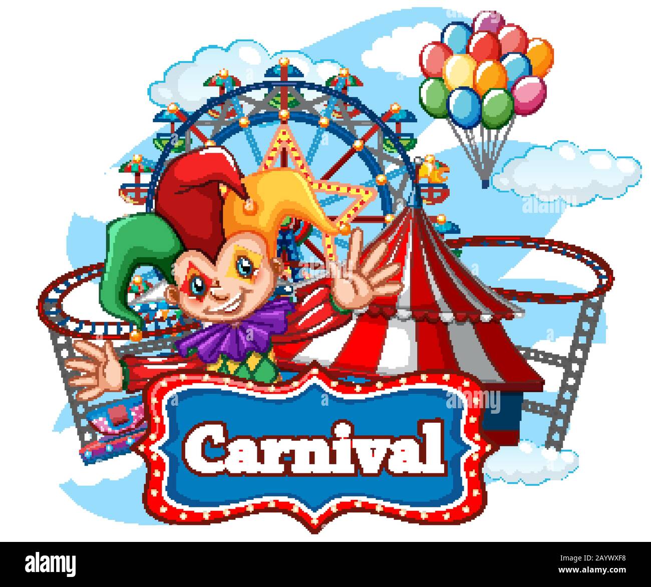 Carnival sign template with happy clown and many rides in background ...