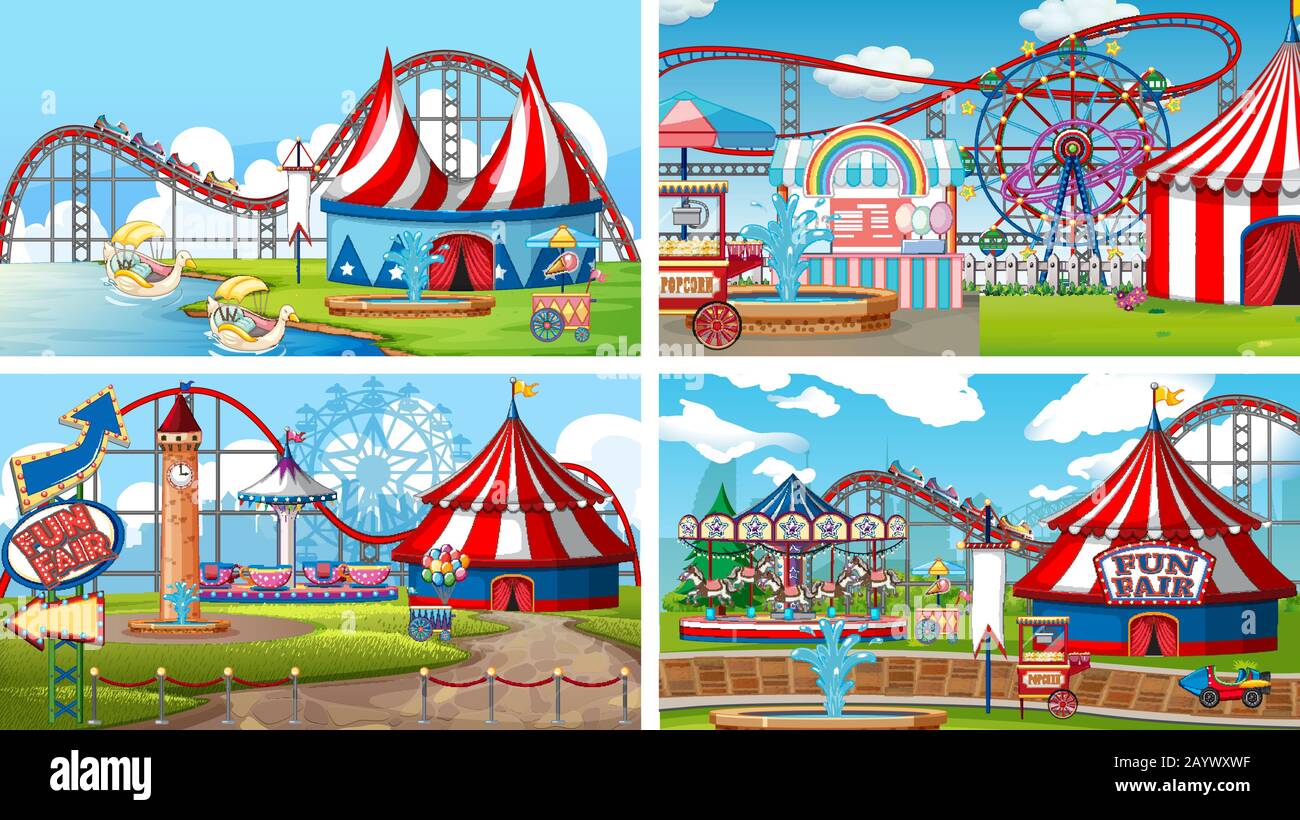 Four scenes with many rides in the fun fair illustration Stock Vector ...