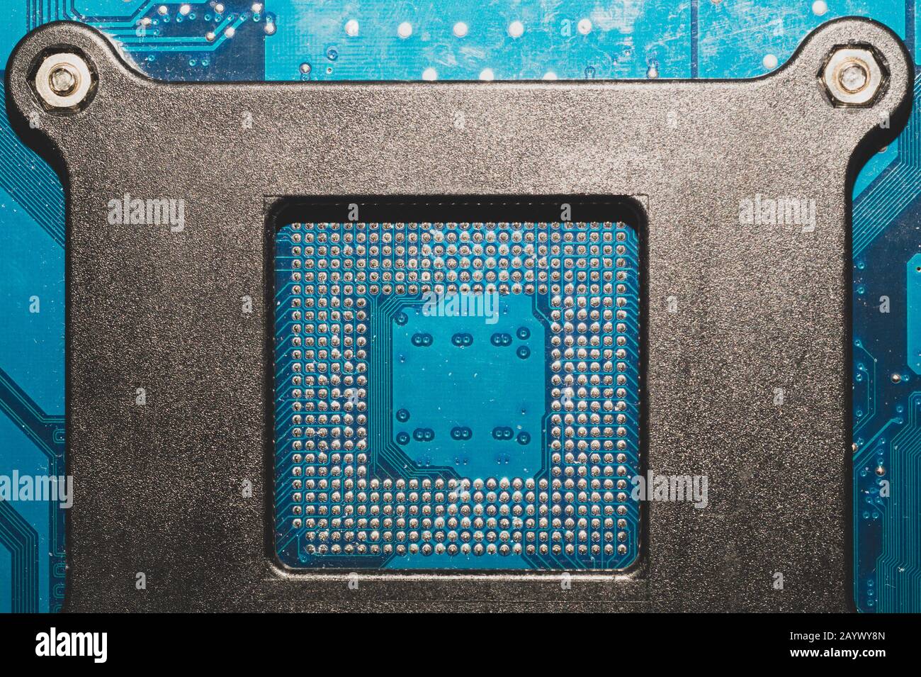 Processor pins macro. computer motherboard close up. cpu pins on a circuit board. micro elements ...