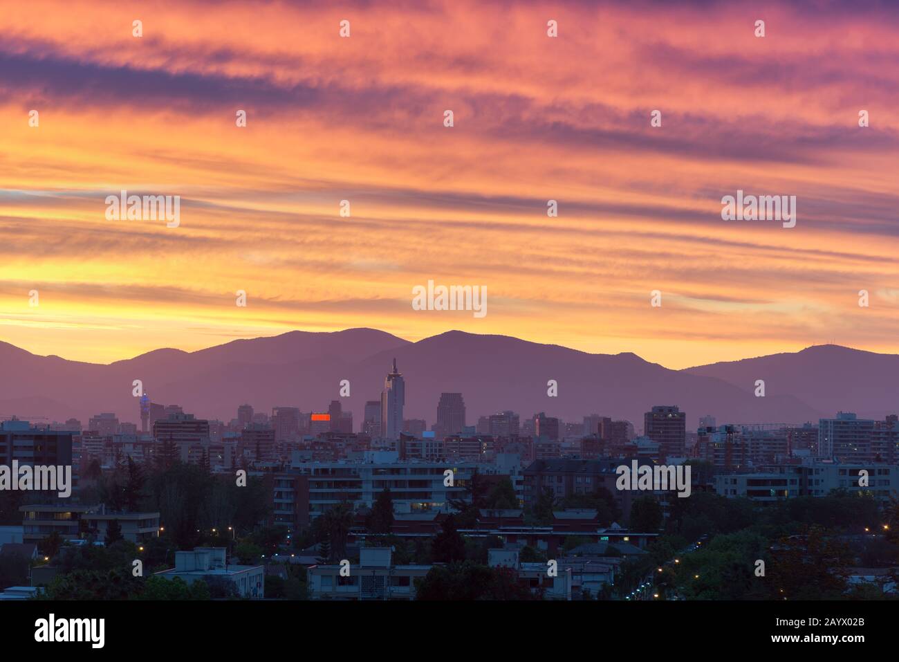 Skyline of downtown Santiago de Chile at sunset Stock Photo - Alamy
