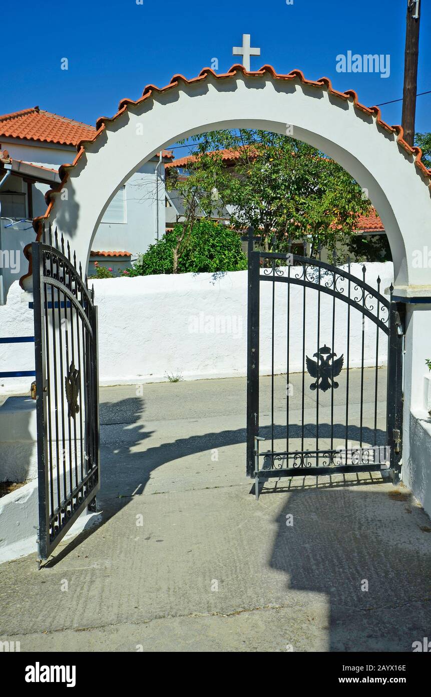 Greece, gate to Saint Georg's church with emblem of Greek-Orthodox ...