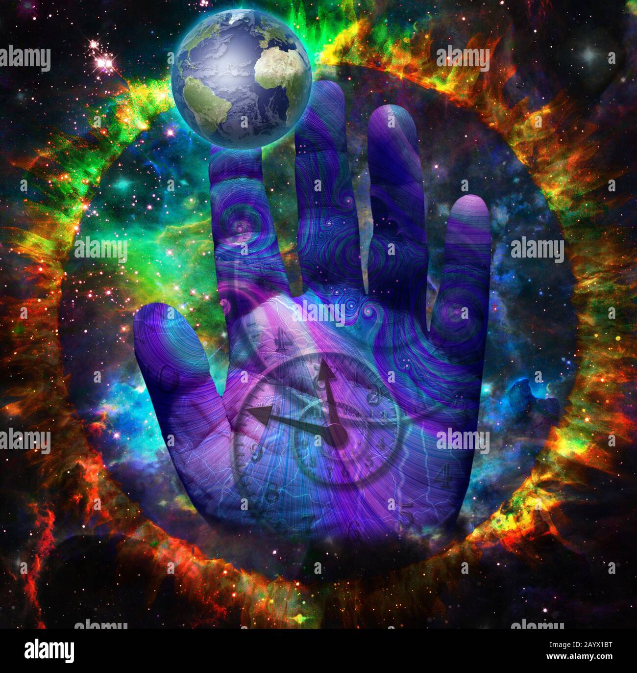 Hand of Creator. Time spirals and planet Earth in vivid Universe Stock ...