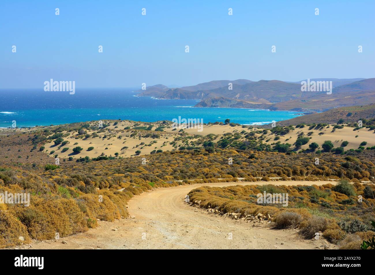 Greece, sand dunes and road to beach of Gomati on Lemnos Island Stock ...