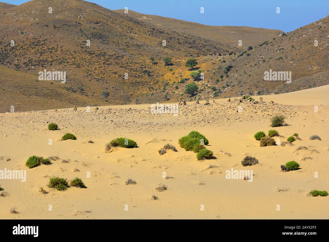 Greece, stone heaps in Little Sahara aka Pachies Ammoudies Stock Photo ...
